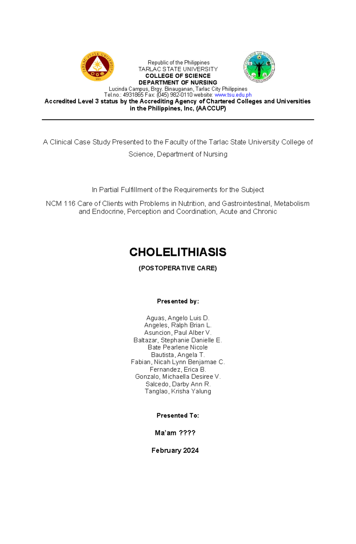Case study- Cholelithiasis - Republic of the Philippines TARLAC STATE ...