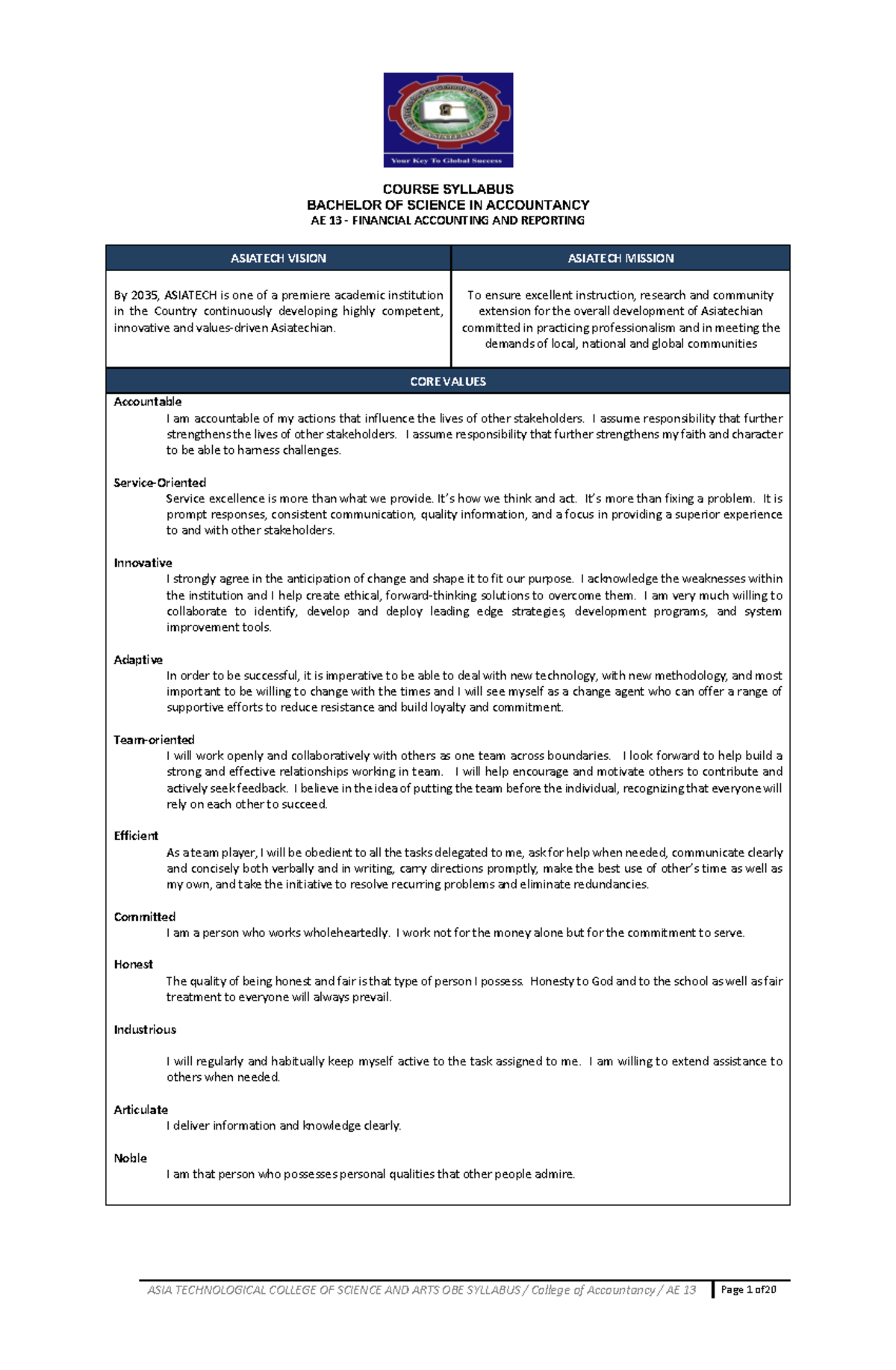 AE13 Financial Accounting and Reporting Syllabus - COURSE SYLLABUS ...