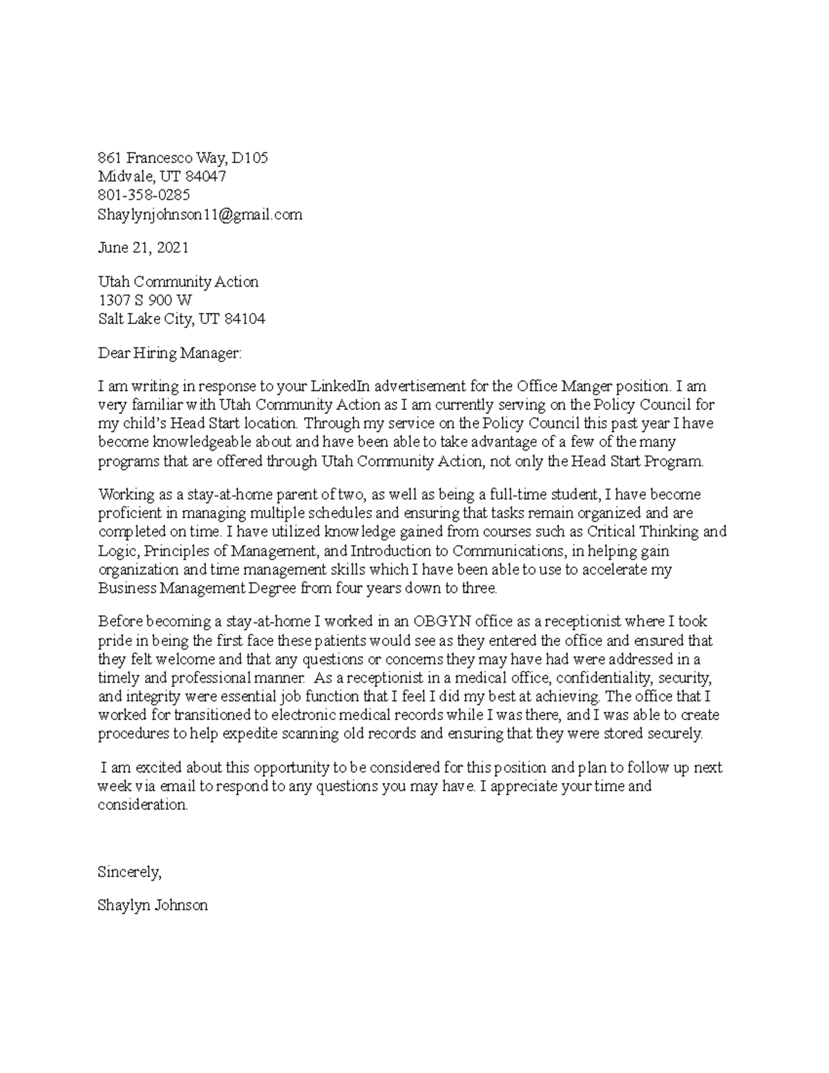 Task 1A Cover Letter - Pass first attempt - 861 Francesco Way, D ...