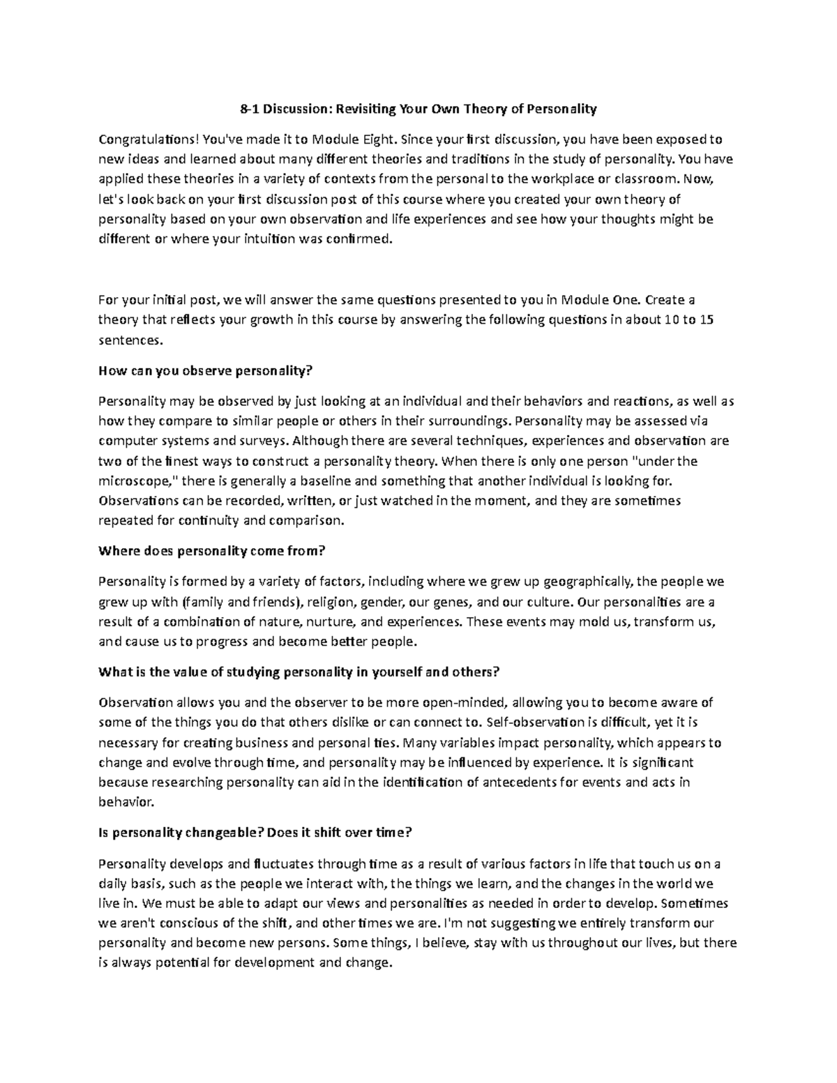 PSY 328 DB 8 Rough Draft - 8-1 Discussion: Revisiting Your Own Theory ...