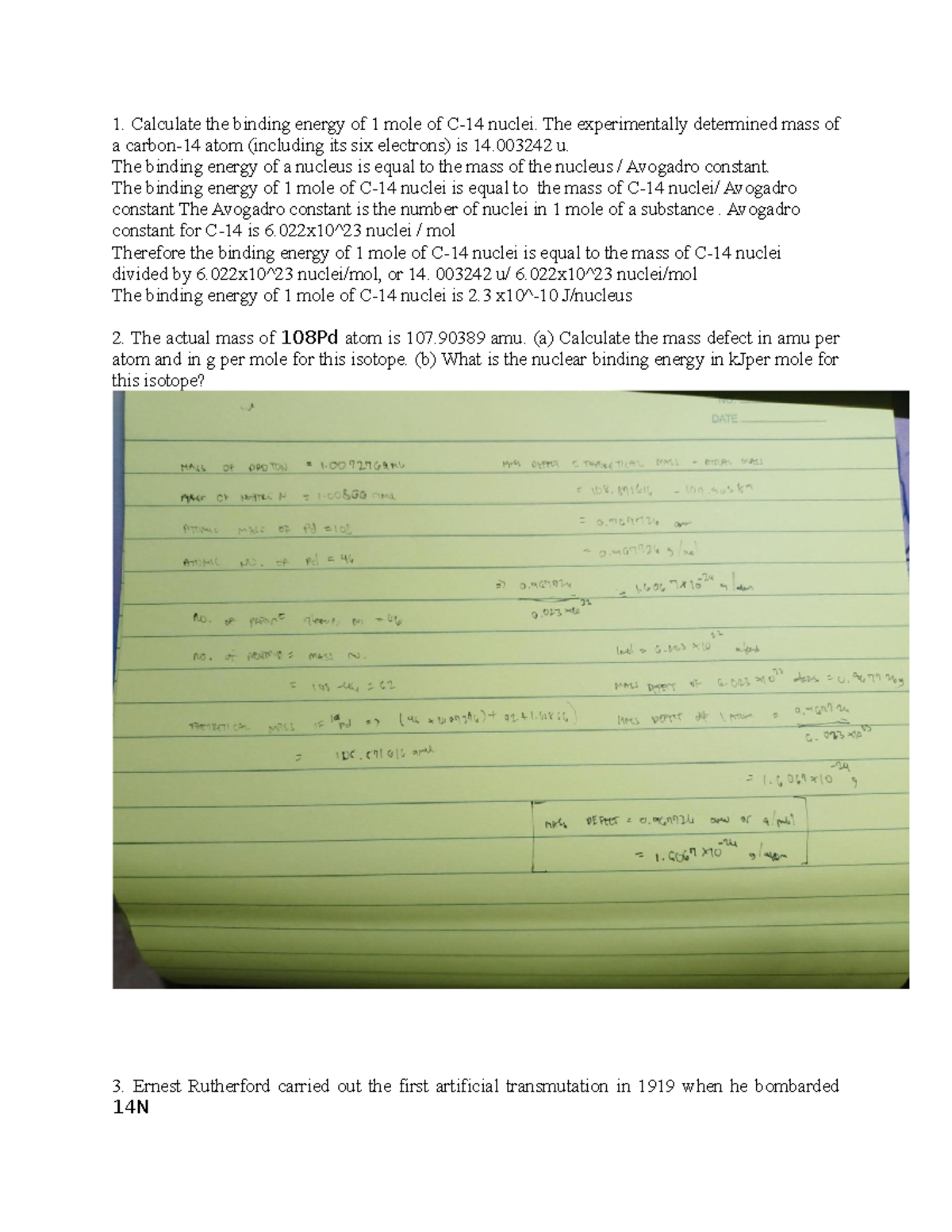 Dry Lab Activity - II - Calculate the binding energy of 1 mole of C-14 ...