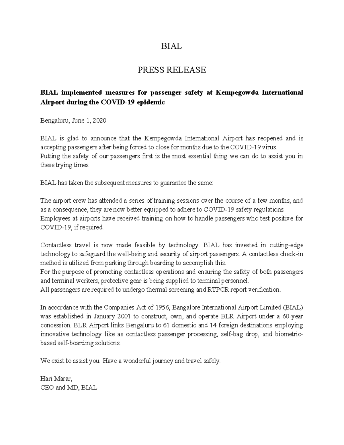 WAC Assignment - class work - BIAL PRESS RELEASE BIAL implemented ...