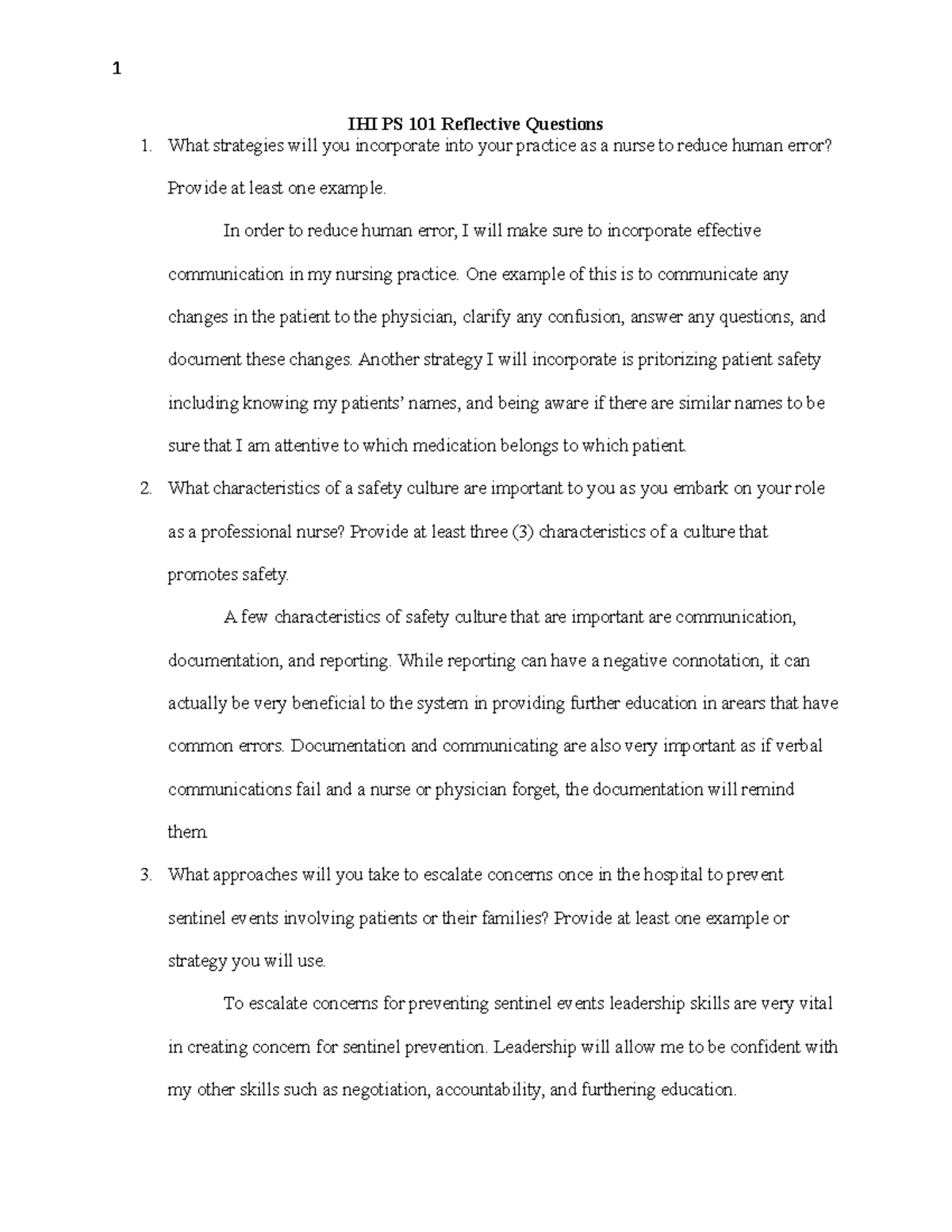 IHI PS 101 Reflective Questions - 1 IHI PS 101 Reflective Questions ...