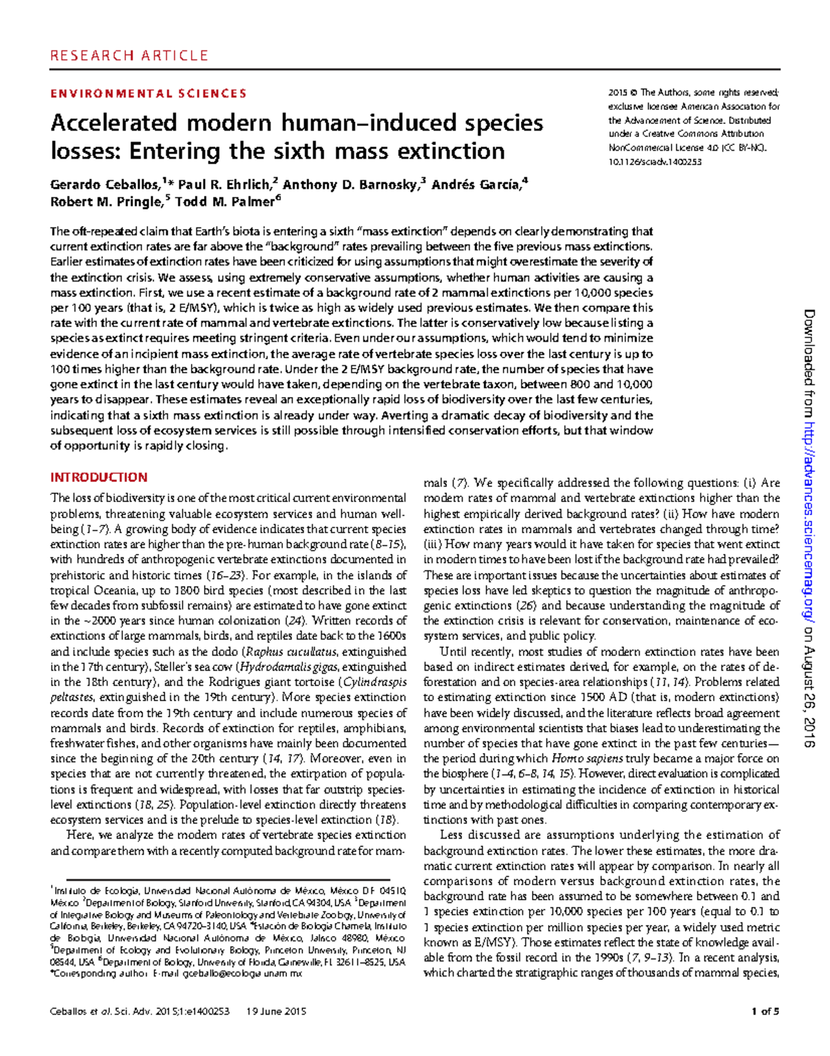 Accelerated modern human–induced species losses - entering the sixth ...