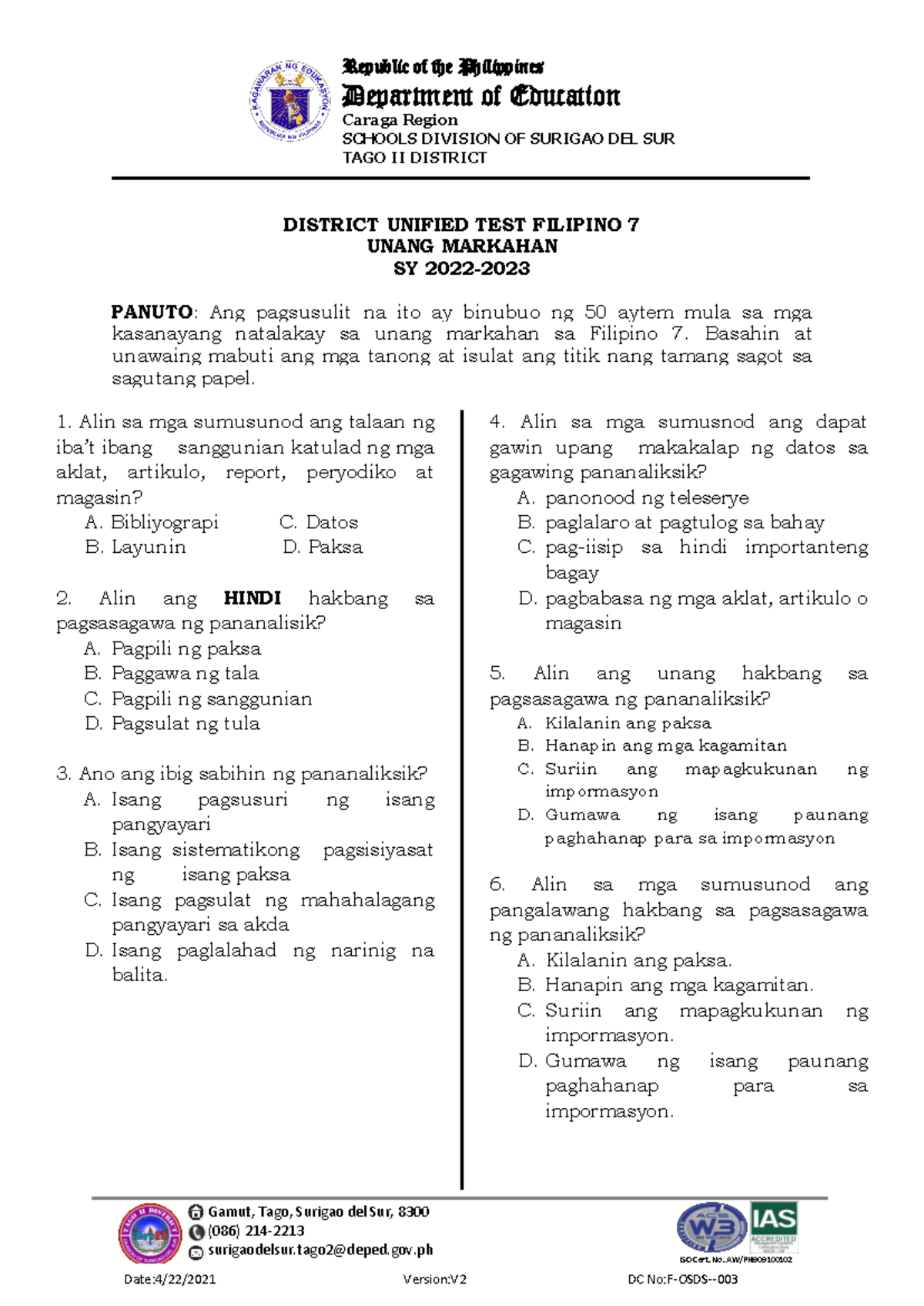 Fil.-7 Q1 District-Unified-Test QA - ISO Cert. No. AW/PH Department of ...