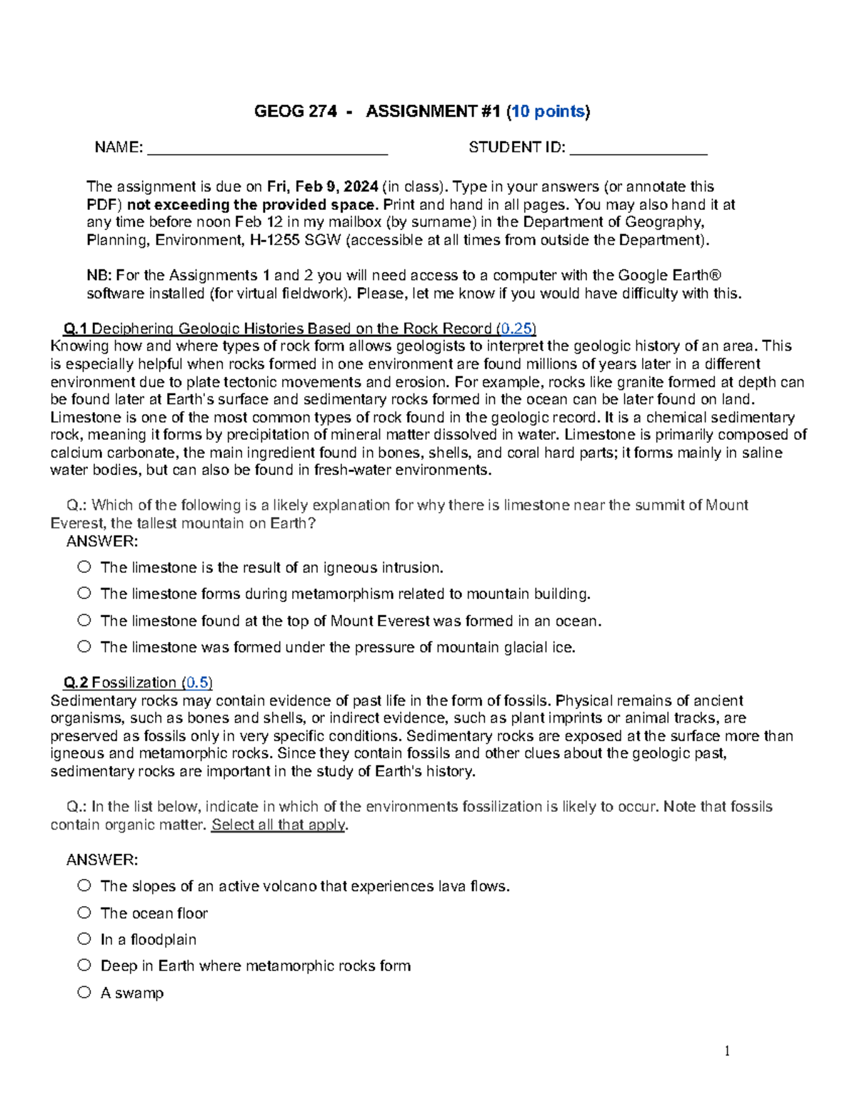 G274-2234 A1 - first assignment - GEOG 274 - ASSIGNMENT #1 (10 points) NAME: - Studocu