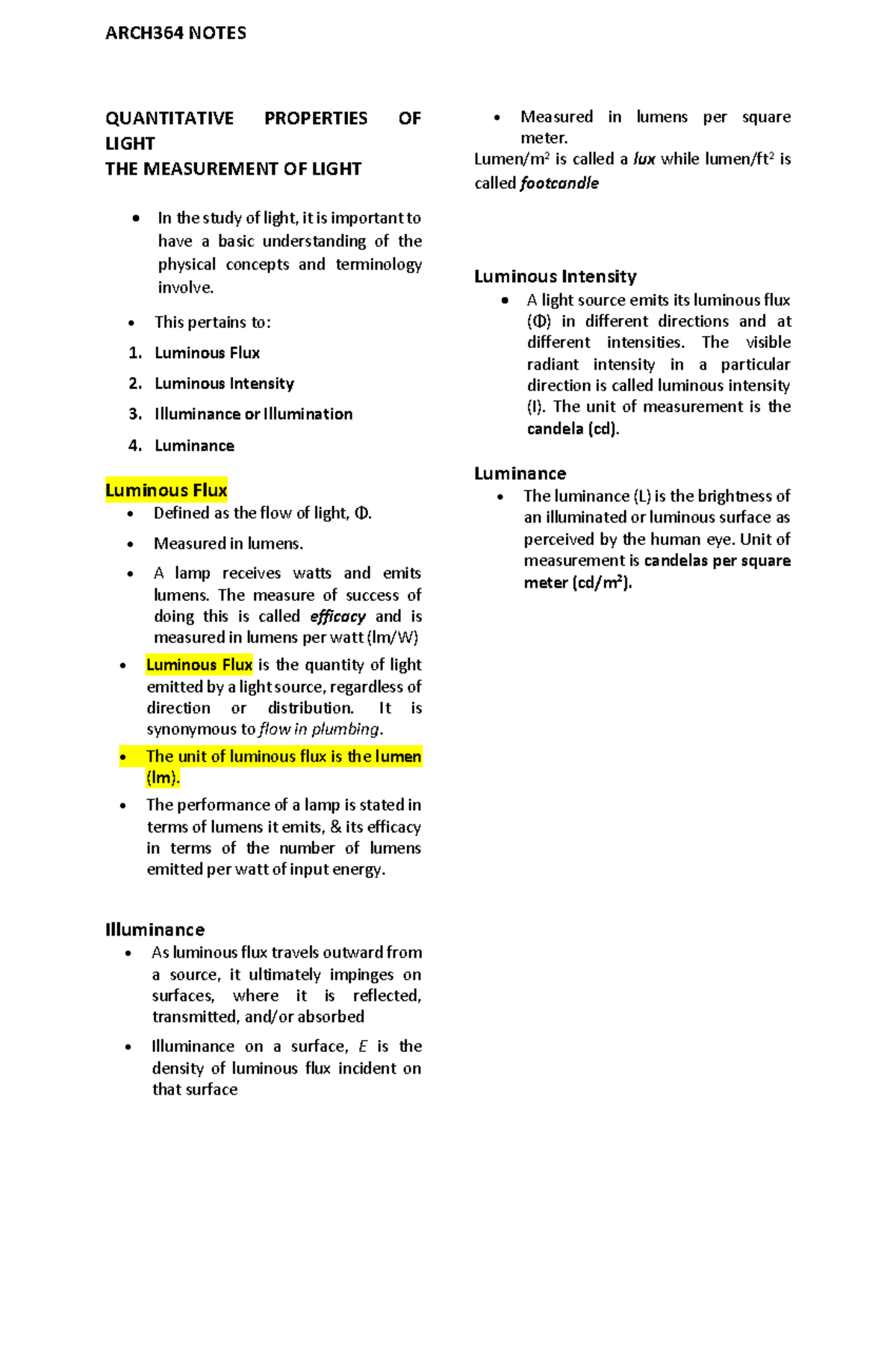ARCH364 Notes - QUANTITATIVE PROPERTIES OF LIGHT THE MEASUREMENT OF ...