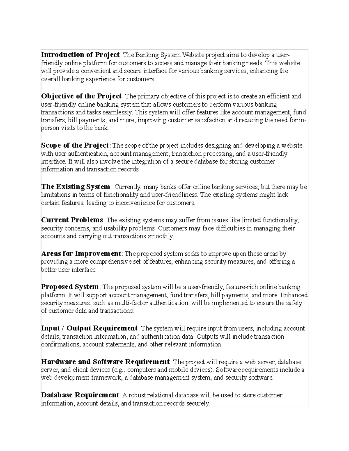 Banking system synopsis - Introduction of Project: The Banking System ...