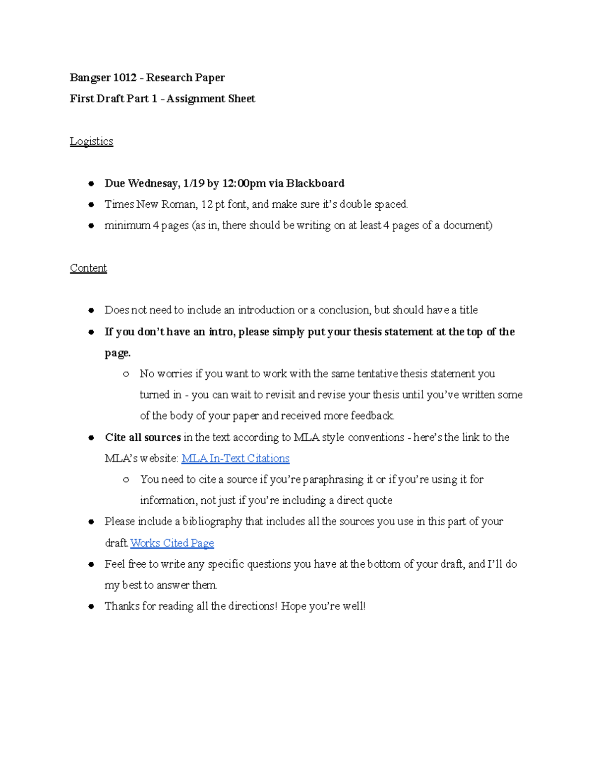 First Draft (4-5 pages) Due 1 18 - Assignment Sheet - Bangser 1012 ...