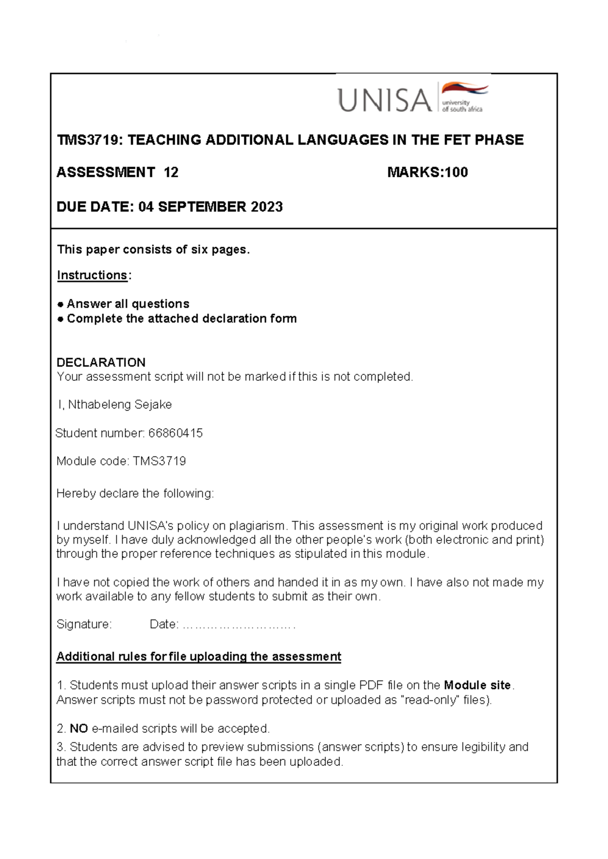 2023 TMS3720 Assessment 12 - TMS3719: TEACHING ADDITIONAL LANGUAGES IN ...