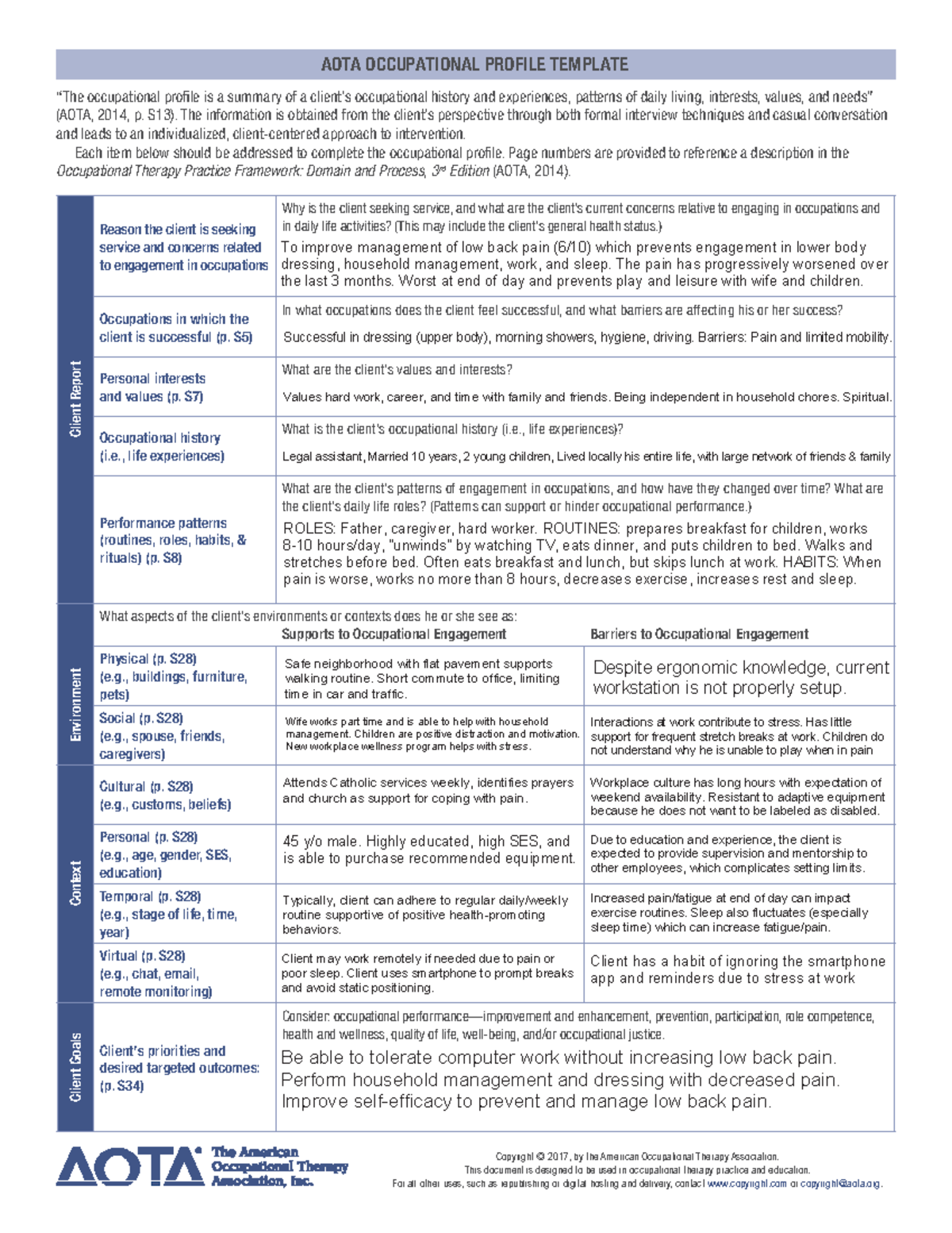 Occupational profile example 45 Year Old Client Evaluated in an ...