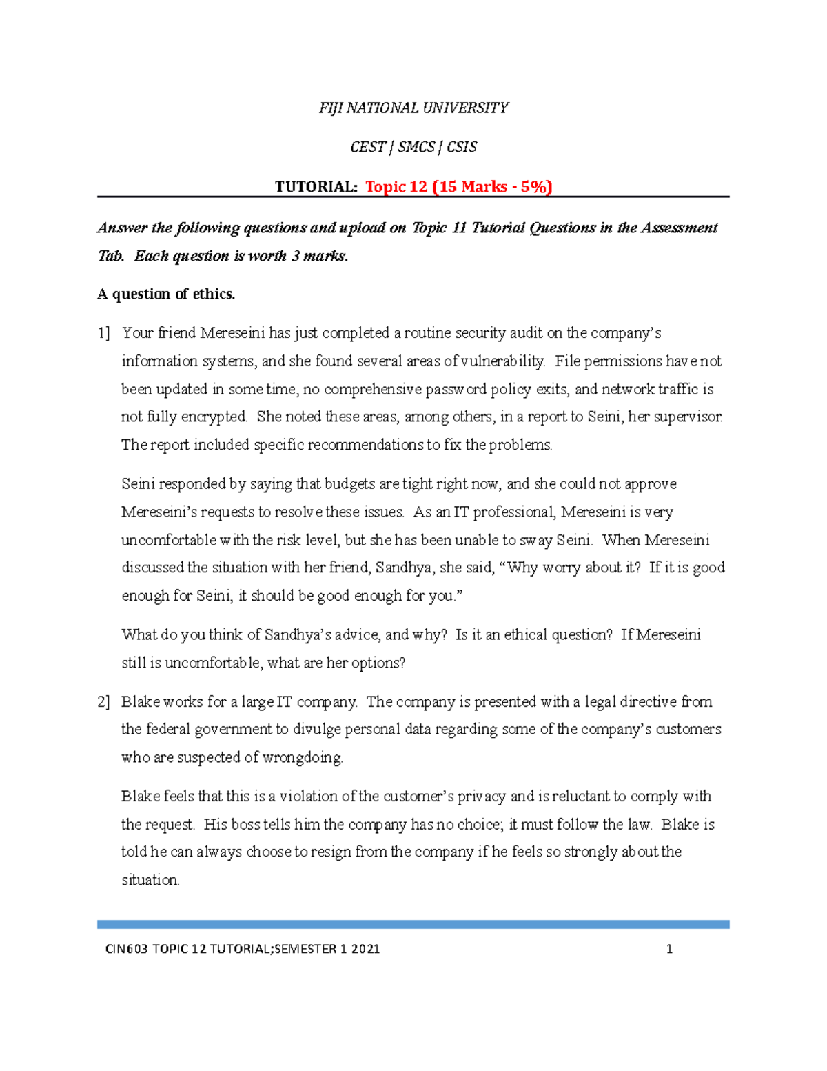 Topic 12 Tutorial Questions - FIJI NATIONAL UNIVERSITY CEST | SMCS ...