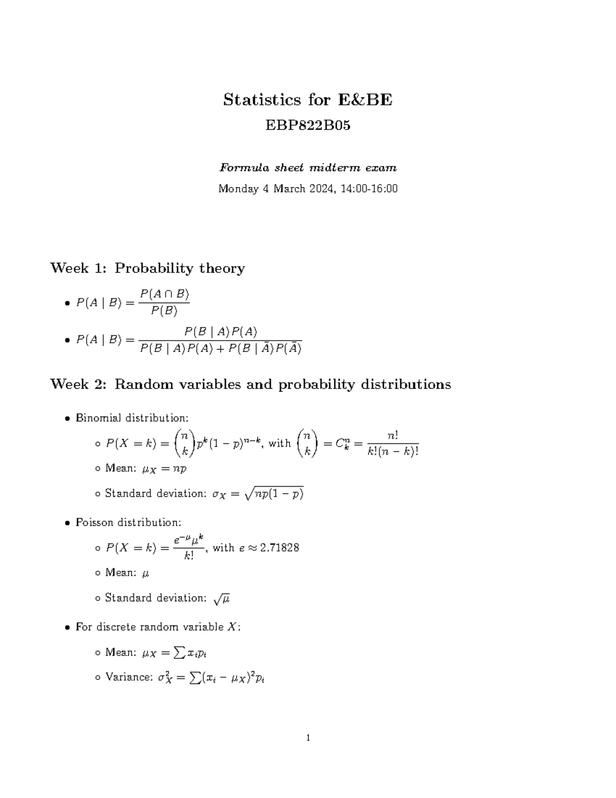 Formula sheet Midterm exam Statistics EBE - Statistics for E&BE EBP822B Formula sheet midterm ...