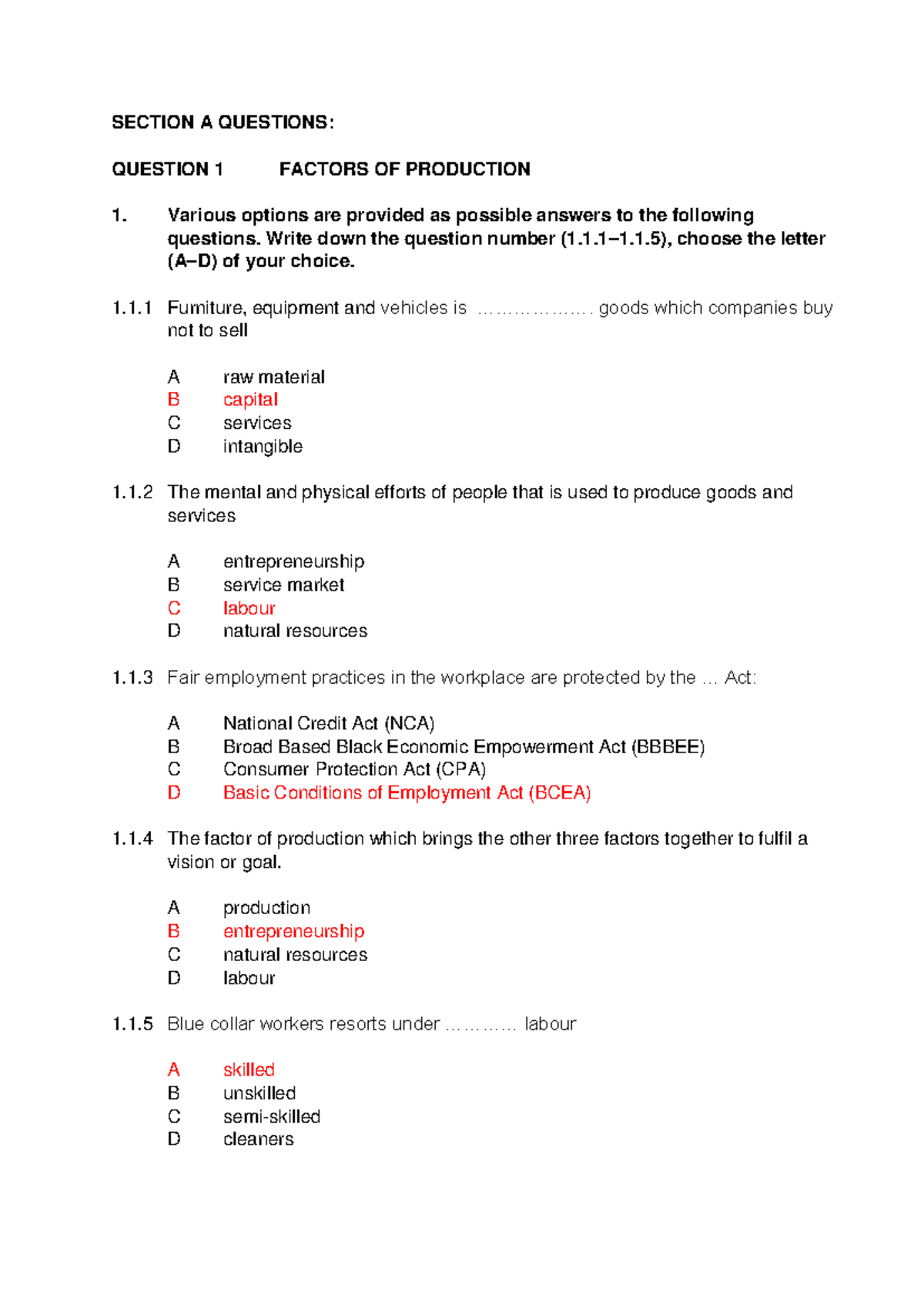 Gr 8 term 2 factors of production - SECTION A QUESTIONS: QUESTION 1 ...