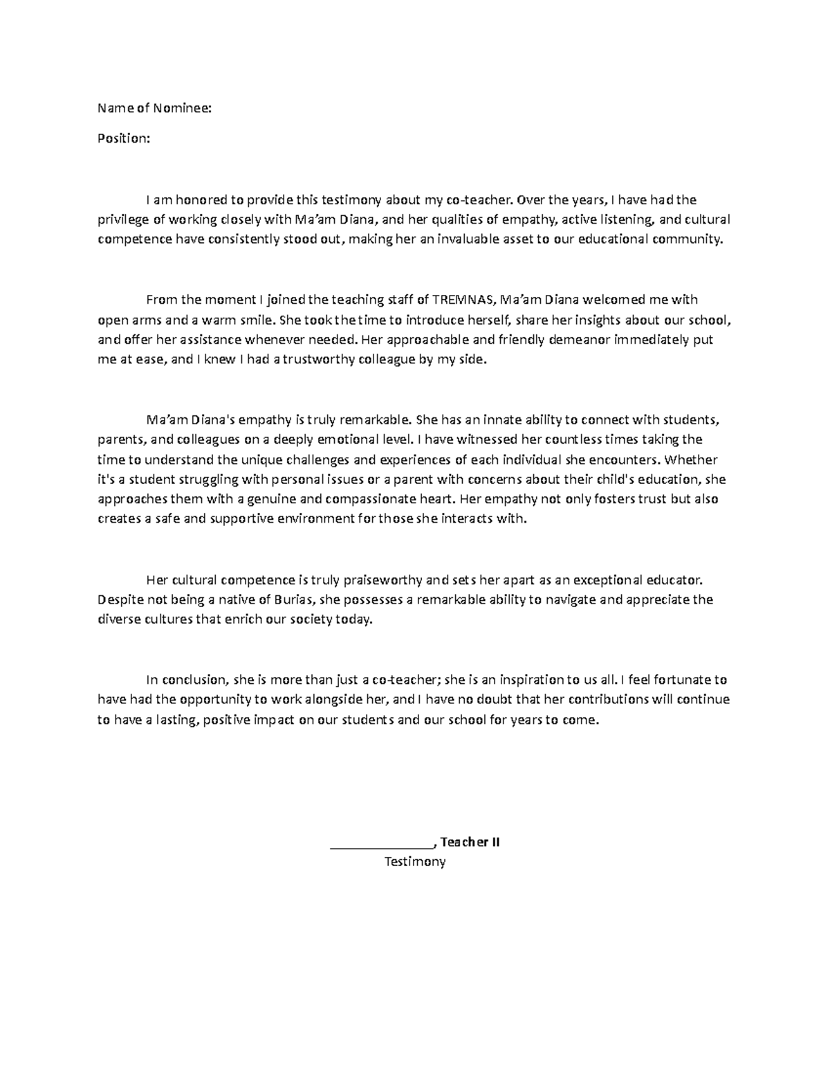 Testimony - Name of Nominee: Position: I am honored to provide this ...