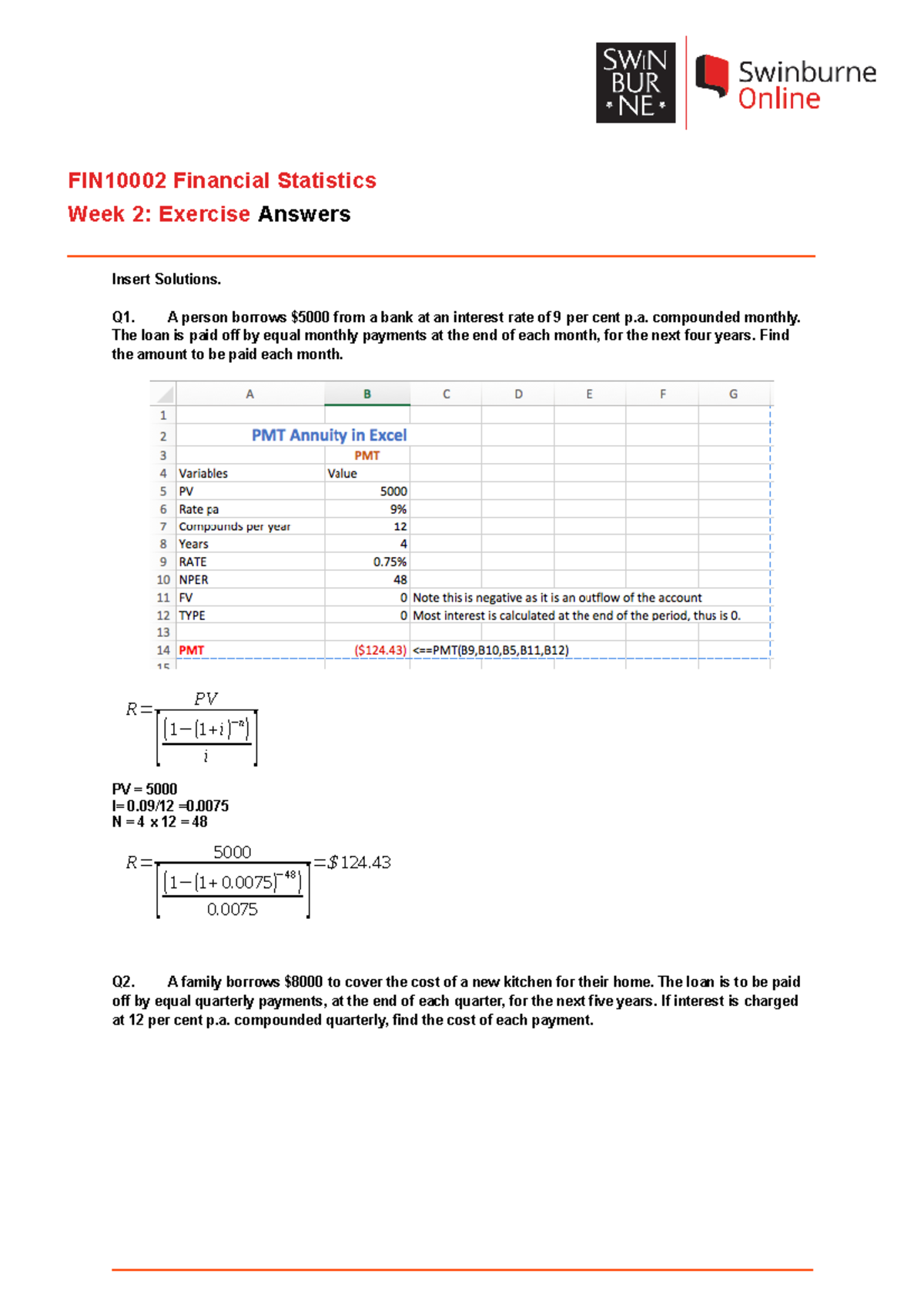 FIN10002 exercise answer week2 - FIN10002 Financial Statistics Week 2 ...