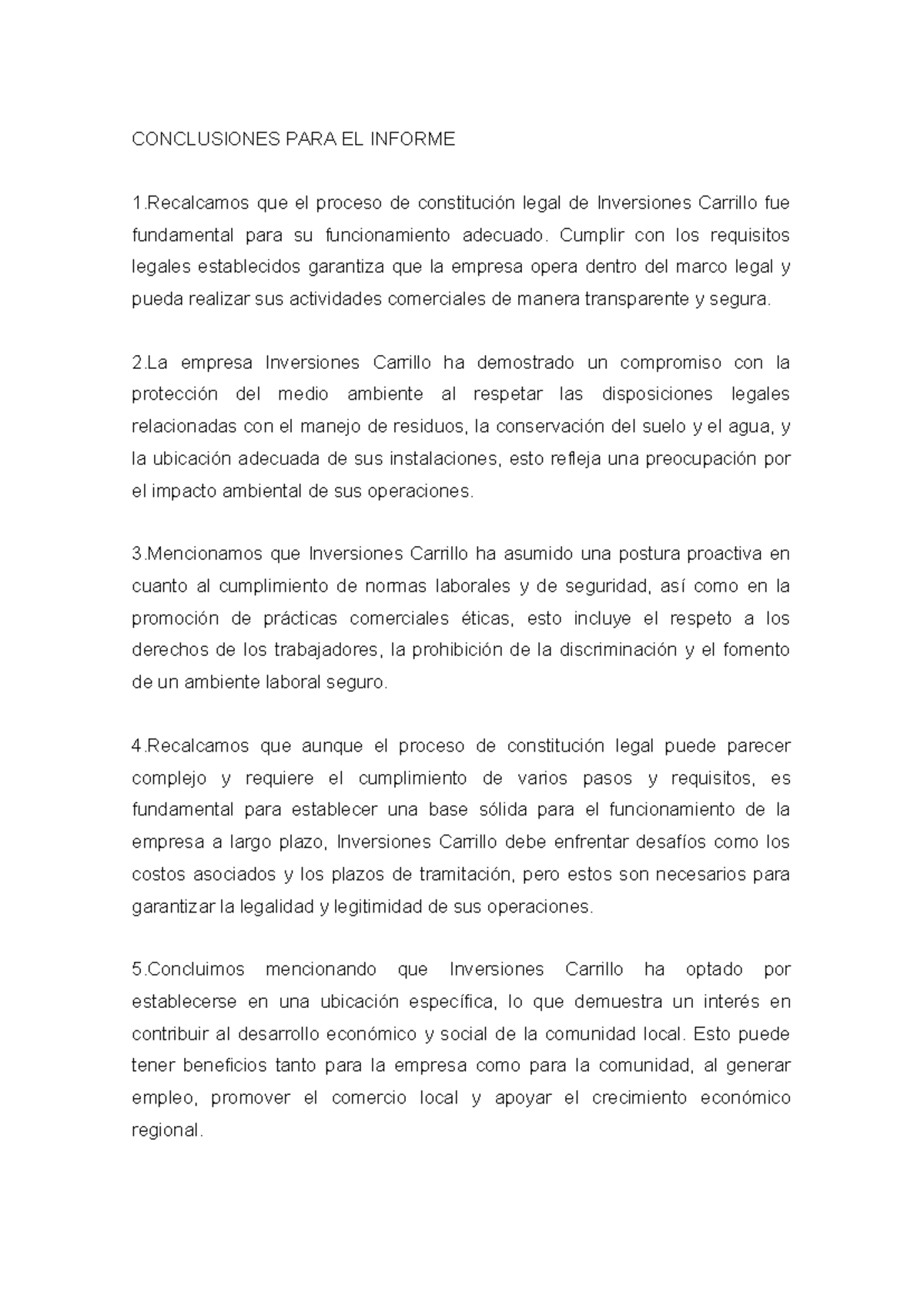 Conclusiones PARA EL Informe - CONCLUSIONES PARA EL INFORME 1 que el ...