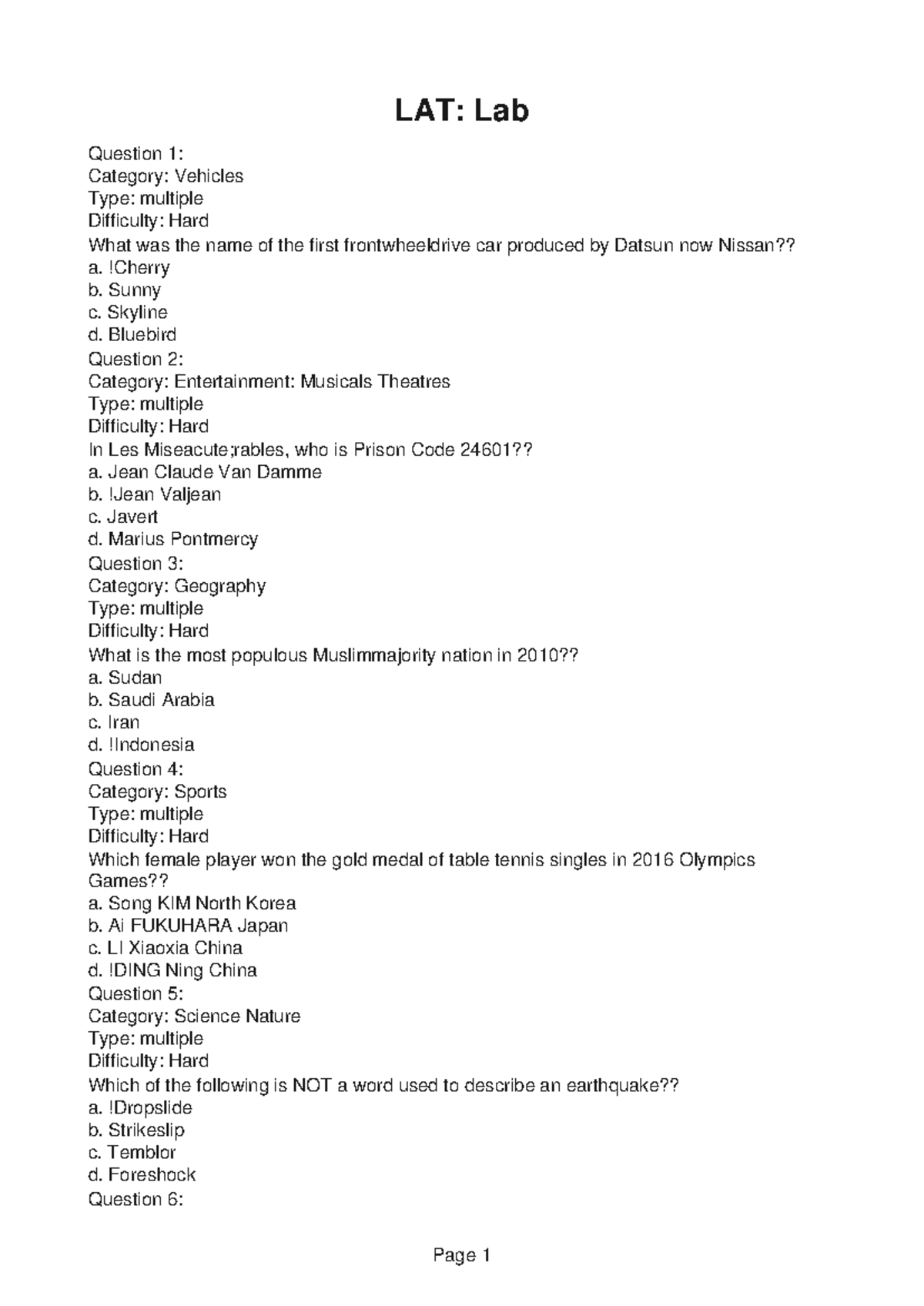 LAT106 Sheet 10 - Summary English for Engineering - LAT: Lab Question 1: Category: Vehicles Type ...