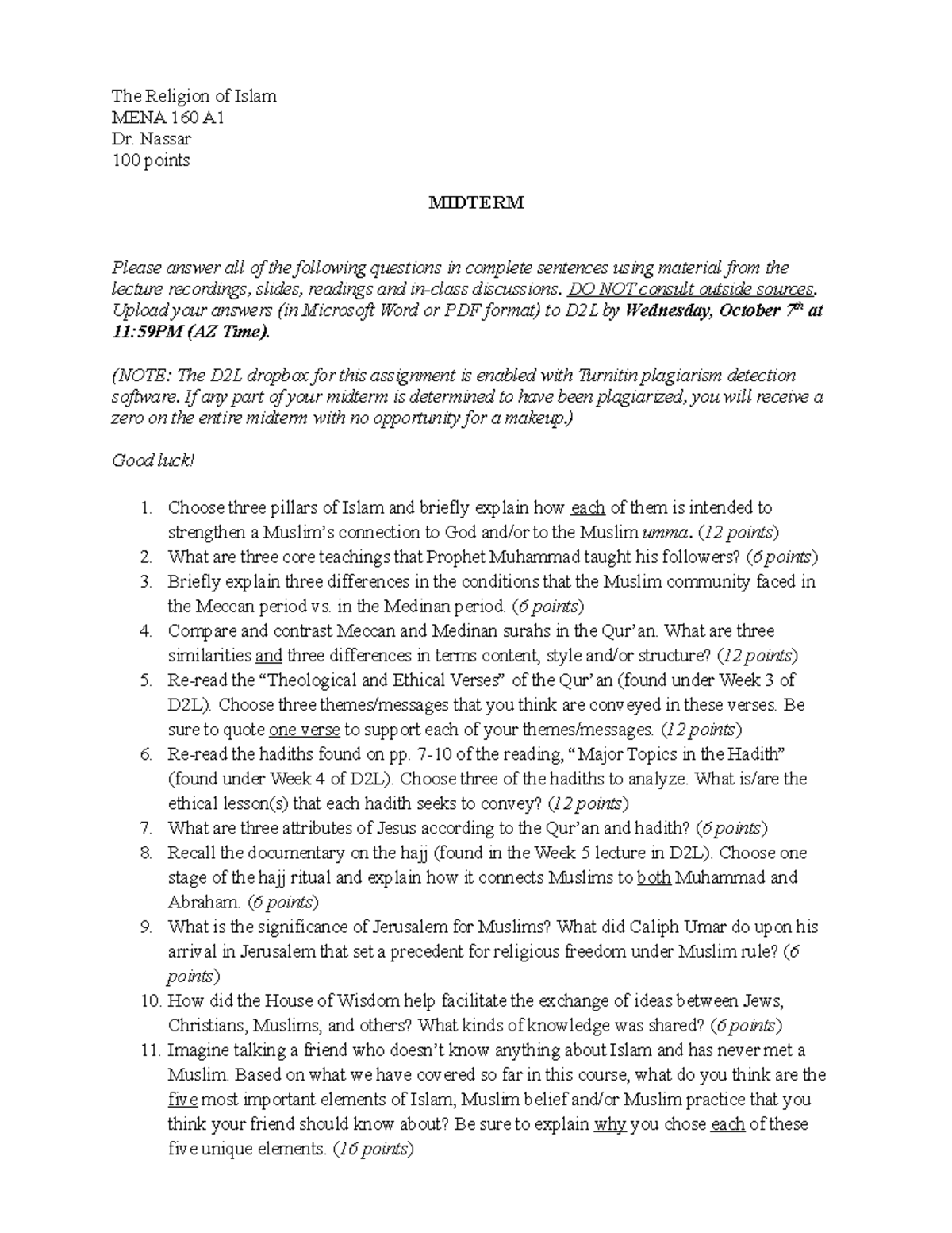 Religion of Islam Midterm 2020 - The Religion of Islam MENA 160 A Dr ...