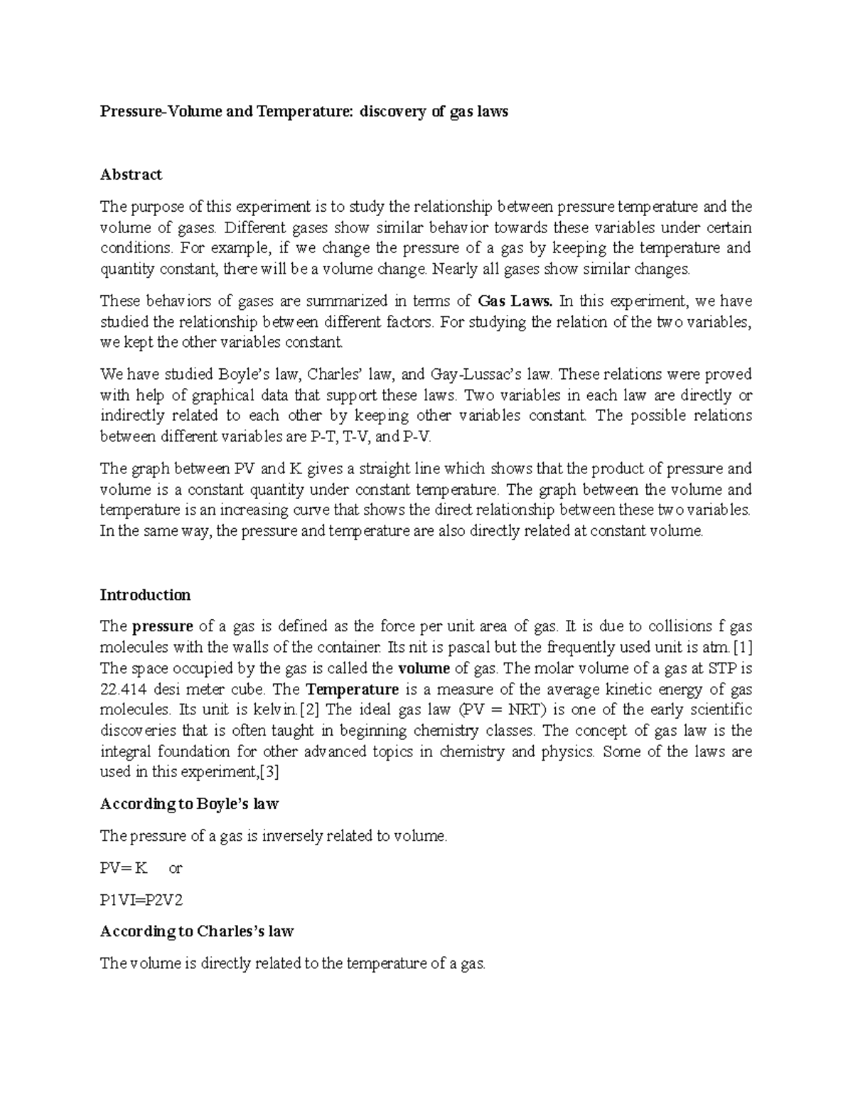 Experiment 1 - lab report - Pressure-Volume and Temperature: discovery ...