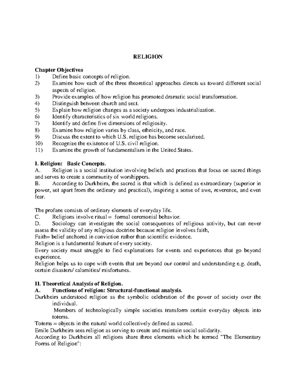 Religion Notes - RELIGION Chapter Objectives Define basic concepts of ...