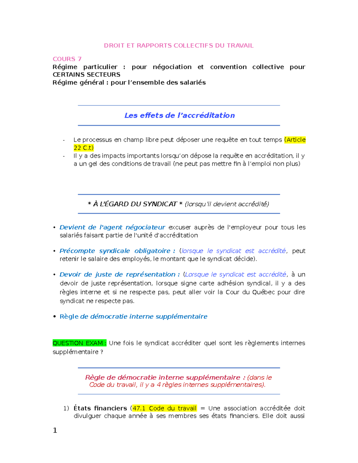 Notes droit partie 2 - DROIT ET RAPPORTS COLLECTIFS DU TRAVAIL COURS 7 ...