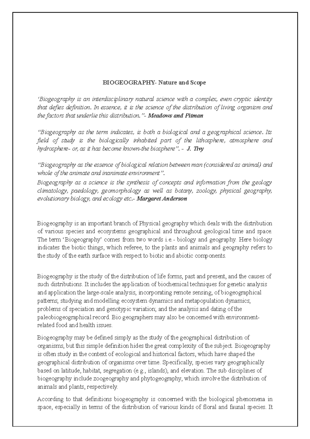 Naturescopebiogeographyy - BIOGEOGRAPHY- Nature and Scope ‘Biogeography ...