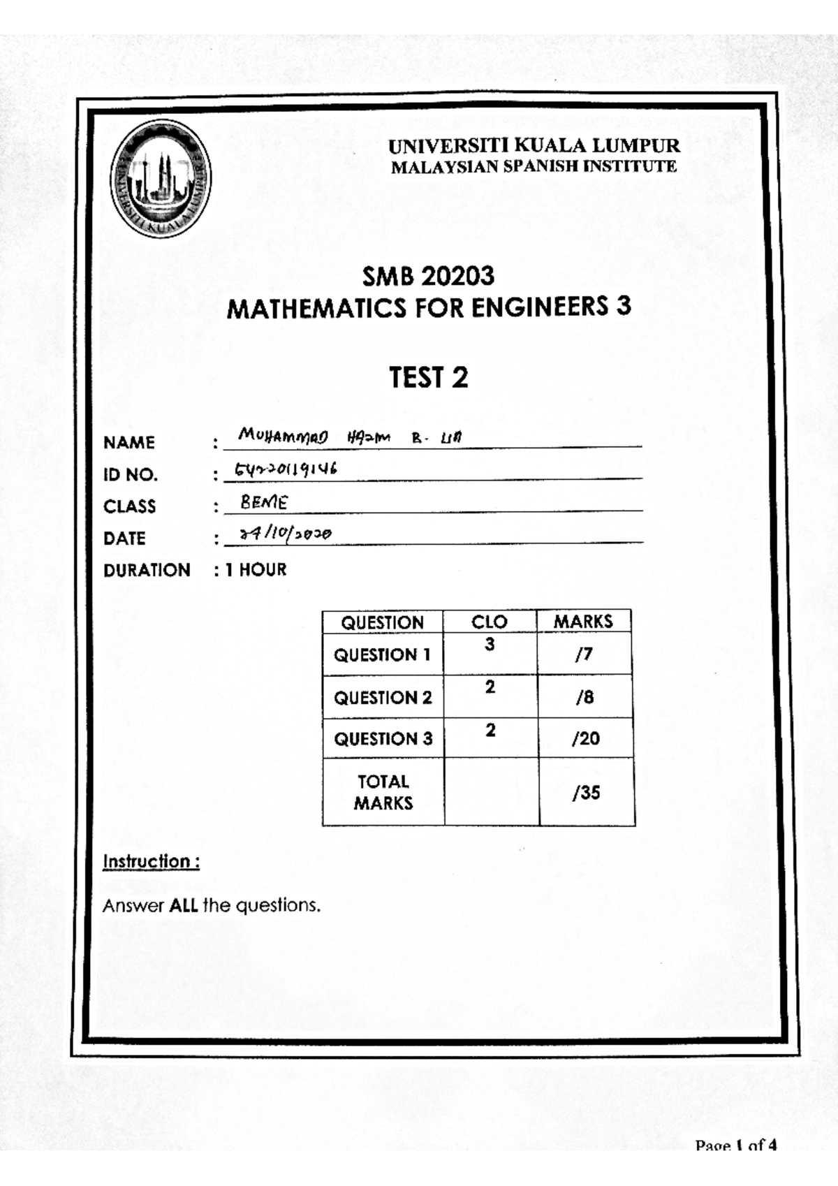Exam 2020 Answers Engineering Mathematics 3 Studocu