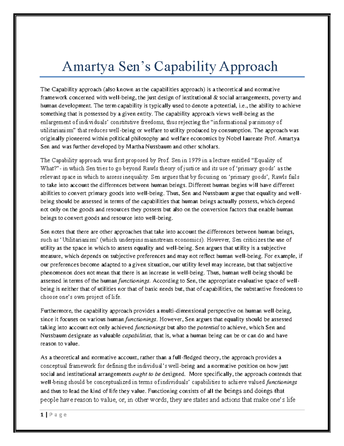 Amartya Sens Capability Approach - The term capability is typically ...