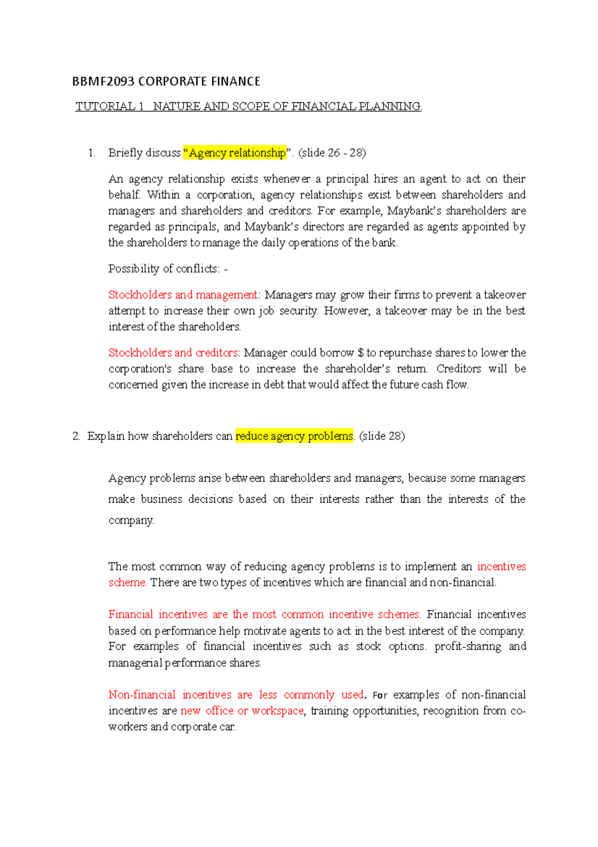 Tutorial 1 - 1234 - BBMF2093 CORPORATE FINANCE TUTORIAL 1 NATURE AND ...