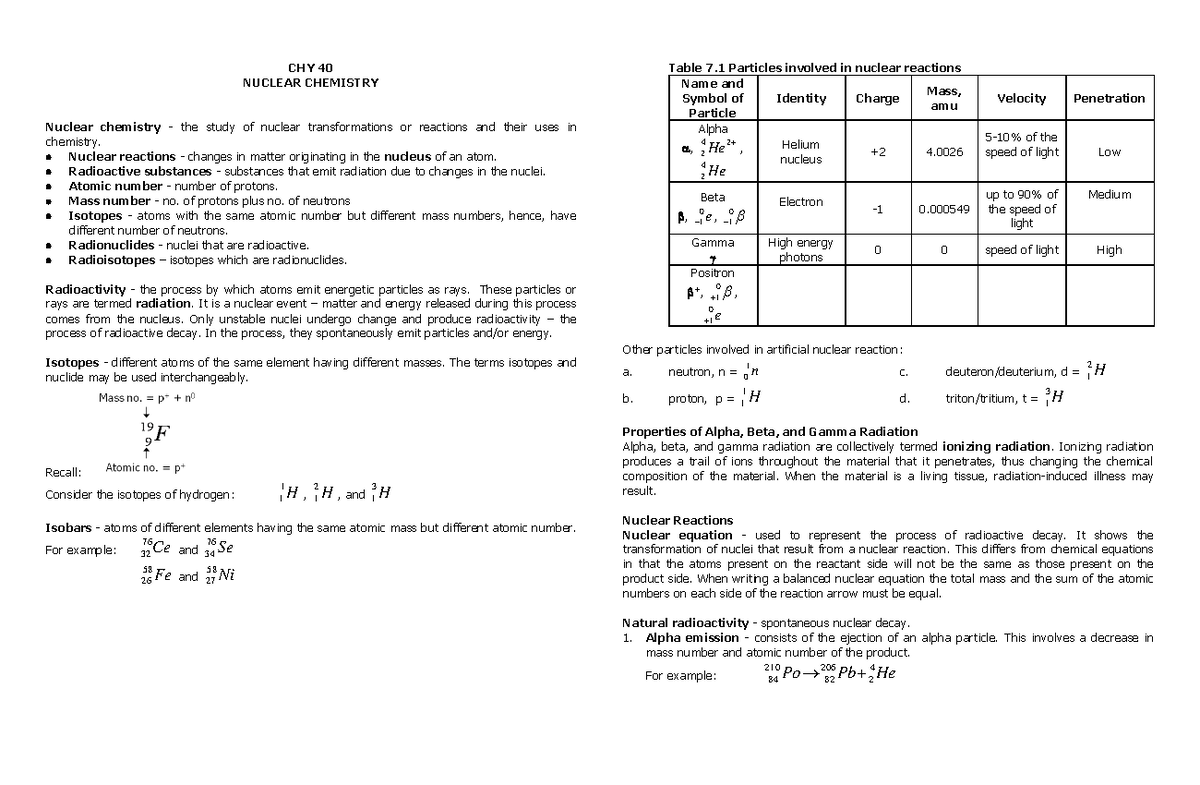 Unit IV Nuclear Chemistry - CHY 40 NUCLEAR CHEMISTRY Nuclear chemistry ...