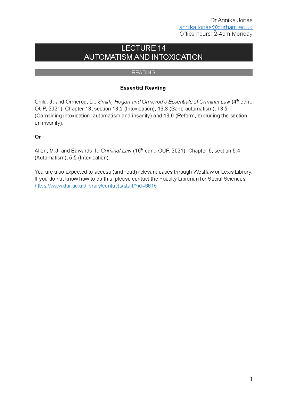 Lecture 14 - Denial of a crime - Automatism and Intoxication handout ...