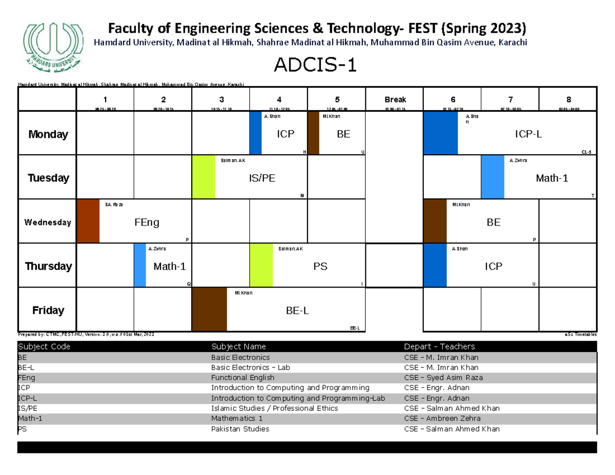 01-Batch Timetable Sp-23 (WEF 01 - Faculty of Engineering Sciences ...