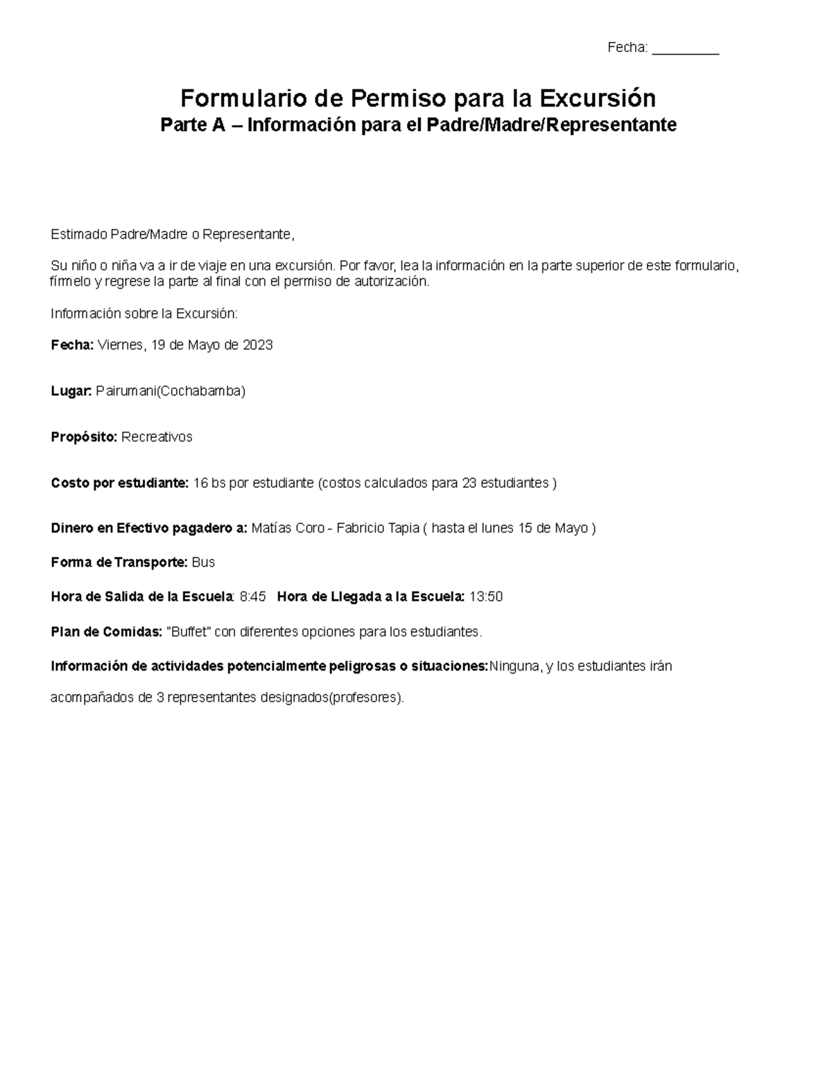 Fieldtrip Permission 033017 Spanish - Fecha: _________ Formulario de Permiso para la Excursión ...