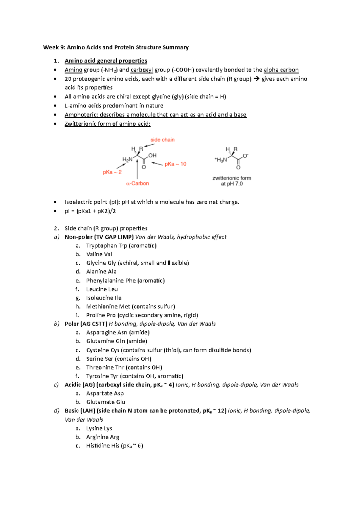 Week 9 Amino acid and protein Summary-1 - Week 9: Amino Acids and ...