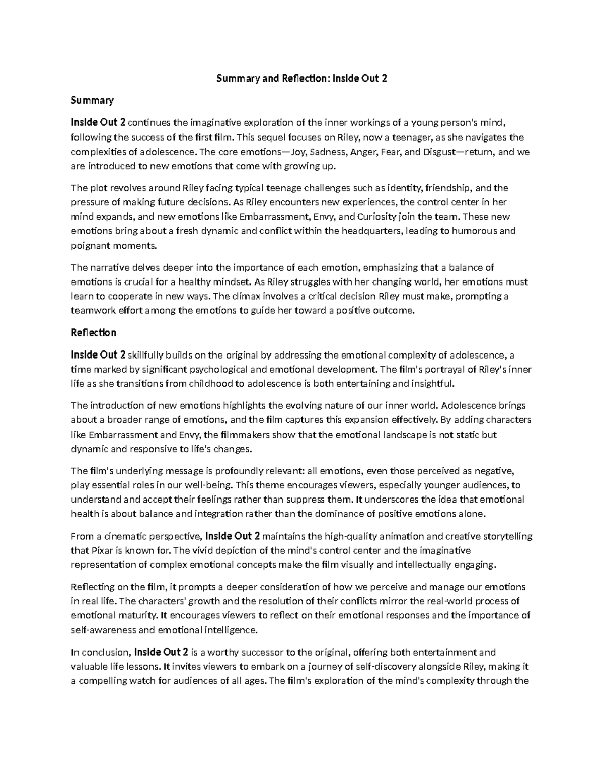 Summary and Reflection - Inside Out 2 - Summary and Reflection: Inside ...