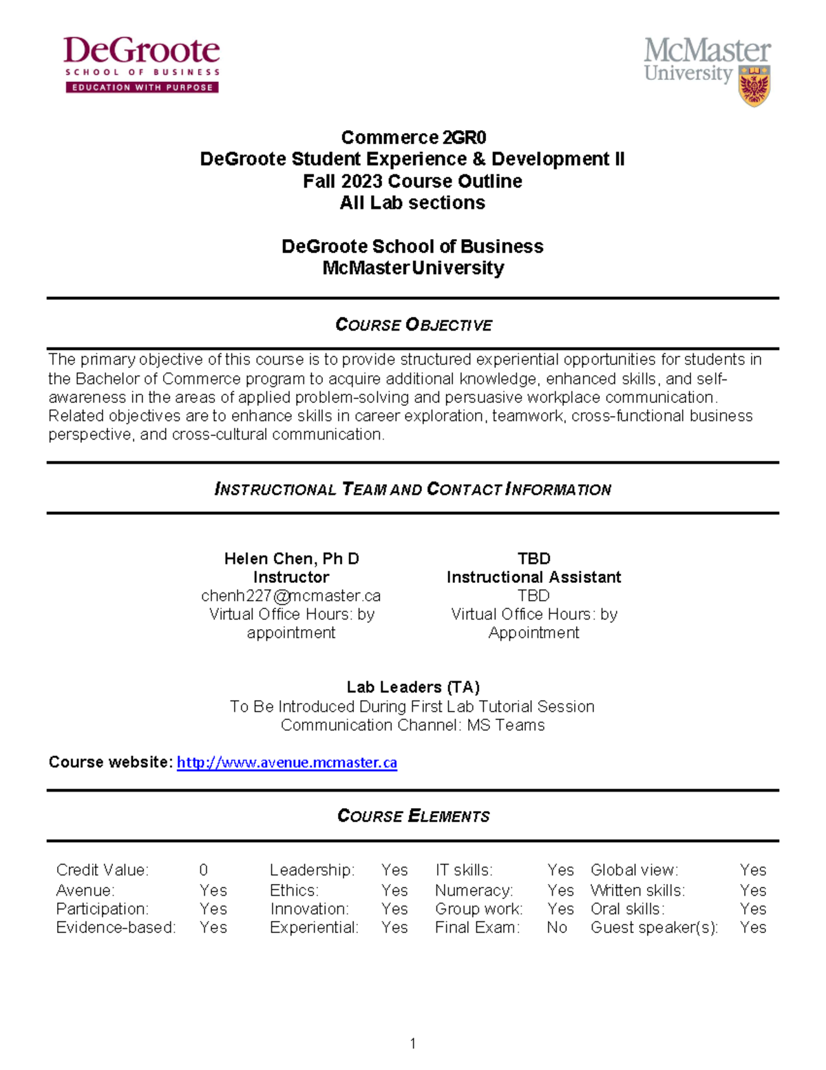 2GR0 F23 - Course Outline - Commerce 2GR DeGroote Student Experience ...