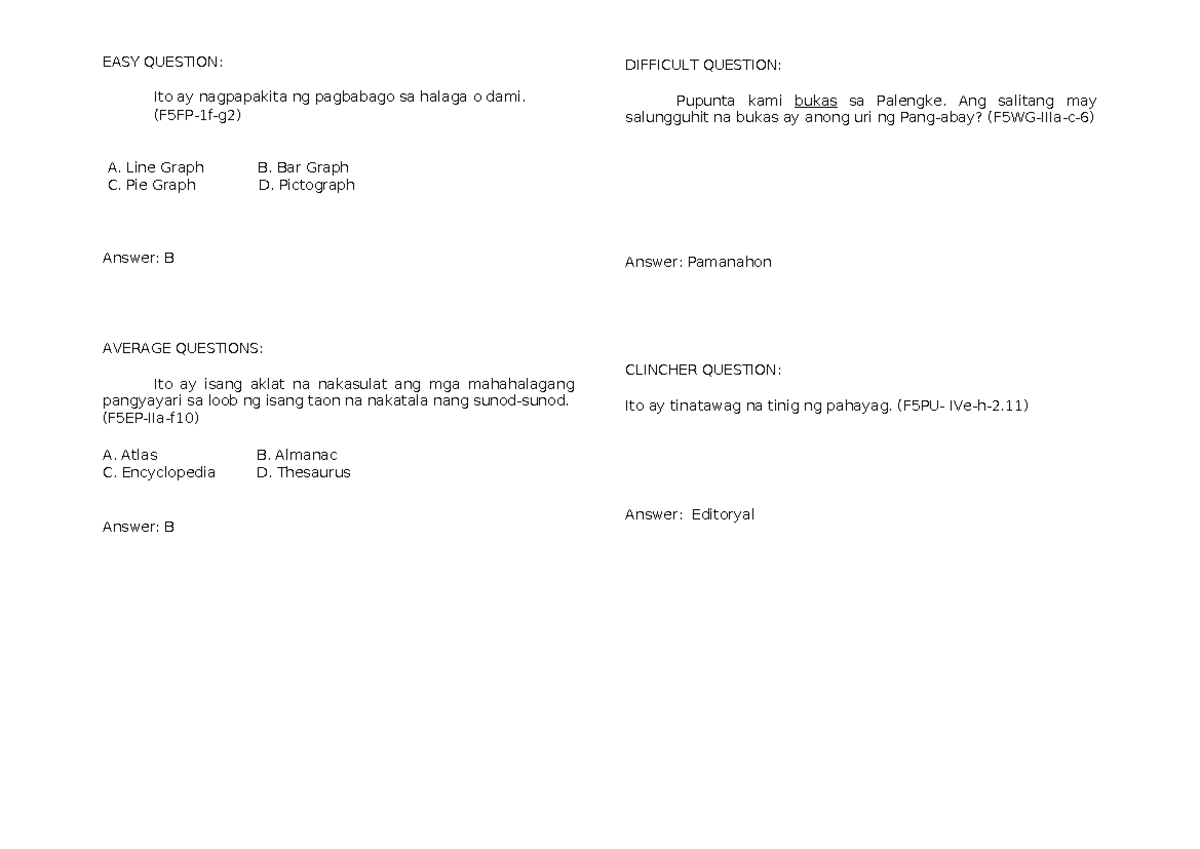Quiz-Bee-Filipino - NOTES - EASY QUESTION: Ito ay nagpapakita ng ...
