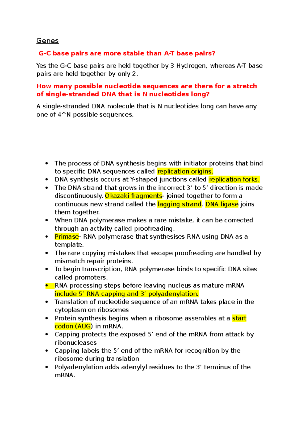 Genes revision sheet - Genes G-C base pairs are more stable than A-T ...