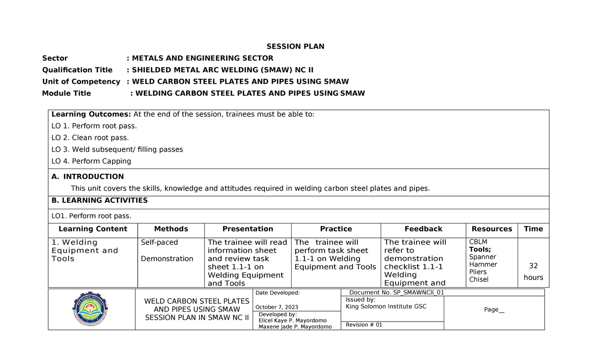 UC1 CORE Session PLAN - bcfgfdg - SESSION PLAN Sector : METALS AND ENGINEERING SECTOR ...