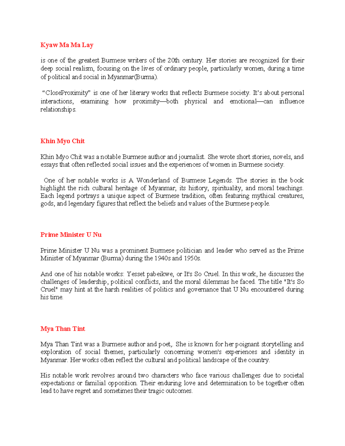 Roxanes Explanation IN Literature - Kyaw Ma Ma Lay is one of the ...