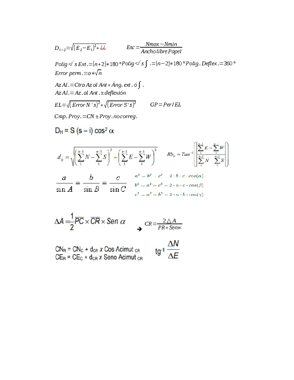 Formulas Topo - D 1 − 2 = √ ( E 2 −E 1 ) 2 + ¿¿ Esc= Nmax−Nmin Ancho libre Papel Polig≮ ' s Ext ...