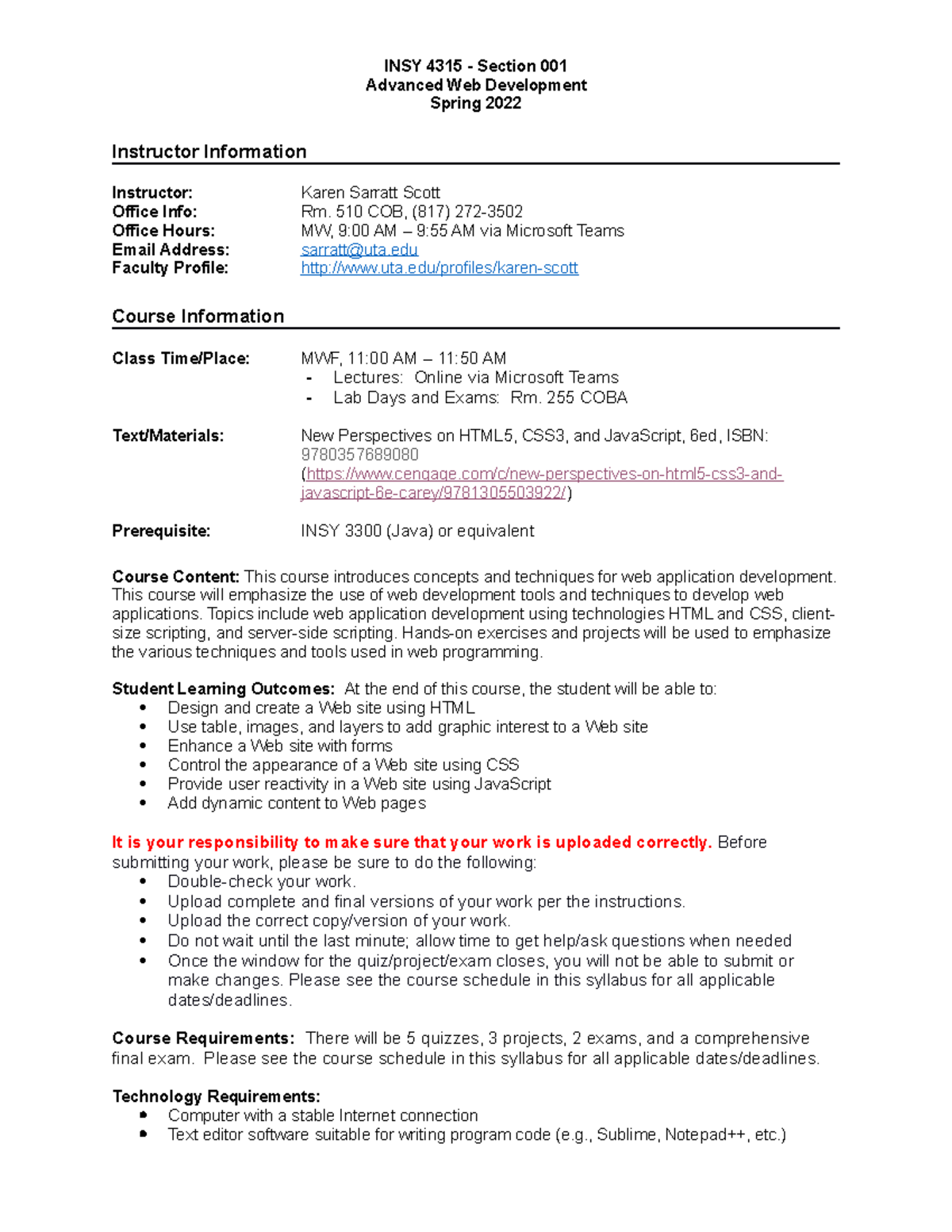 2022- Spring 2222-INSY-4315-001 SYLLABUS FOR - INSY 4315 - Section 001 Advanced Web Development ...