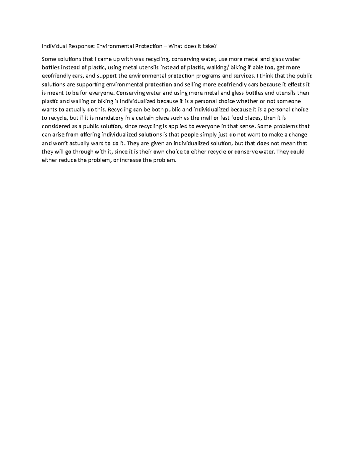 Individual Response - enviornmental protection - Individual Response ...