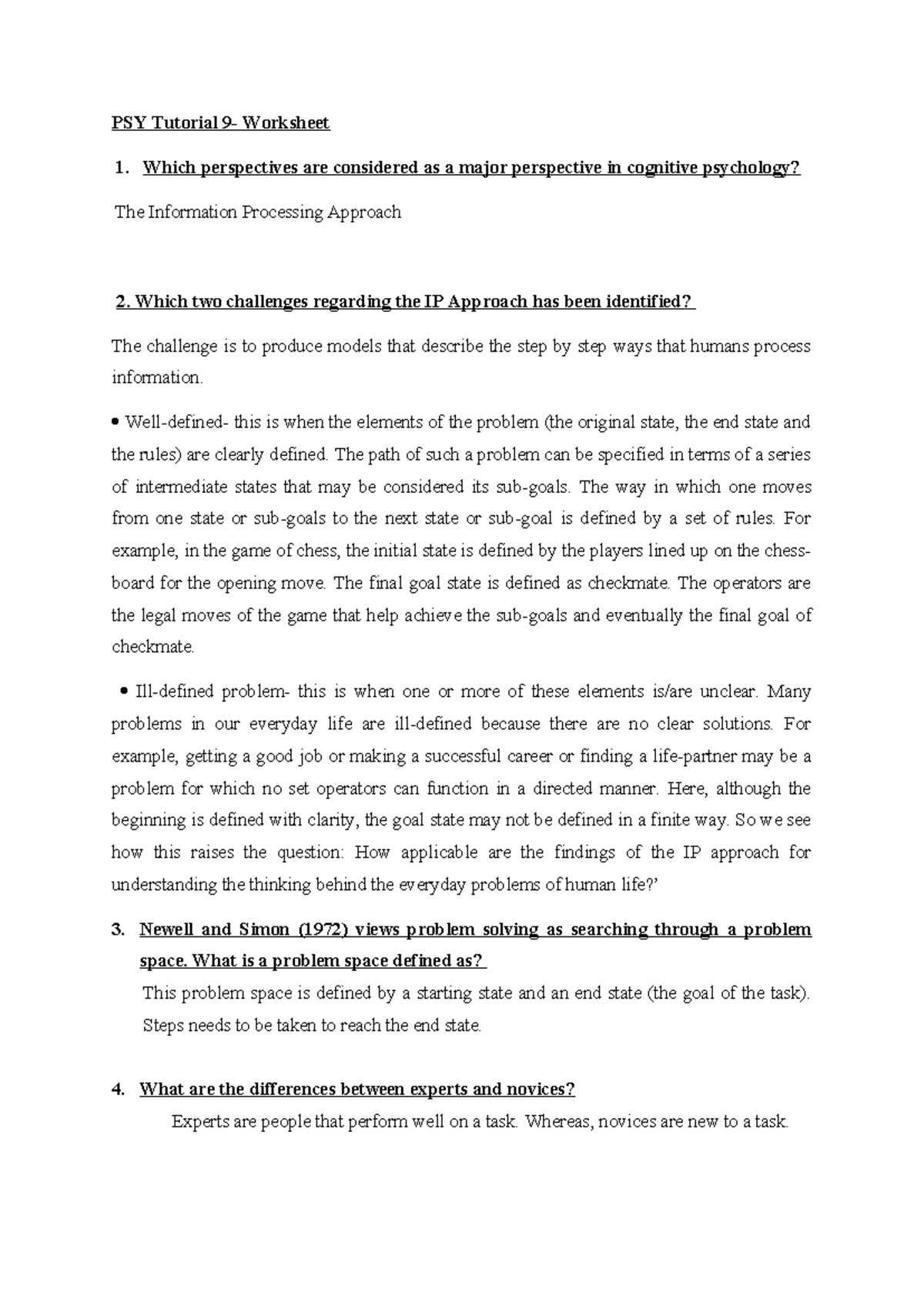 PSY112 Tutorial 9 Memo - quiz - PSY Tutorial 9- Worksheet 1. Which perspectives are considered ...