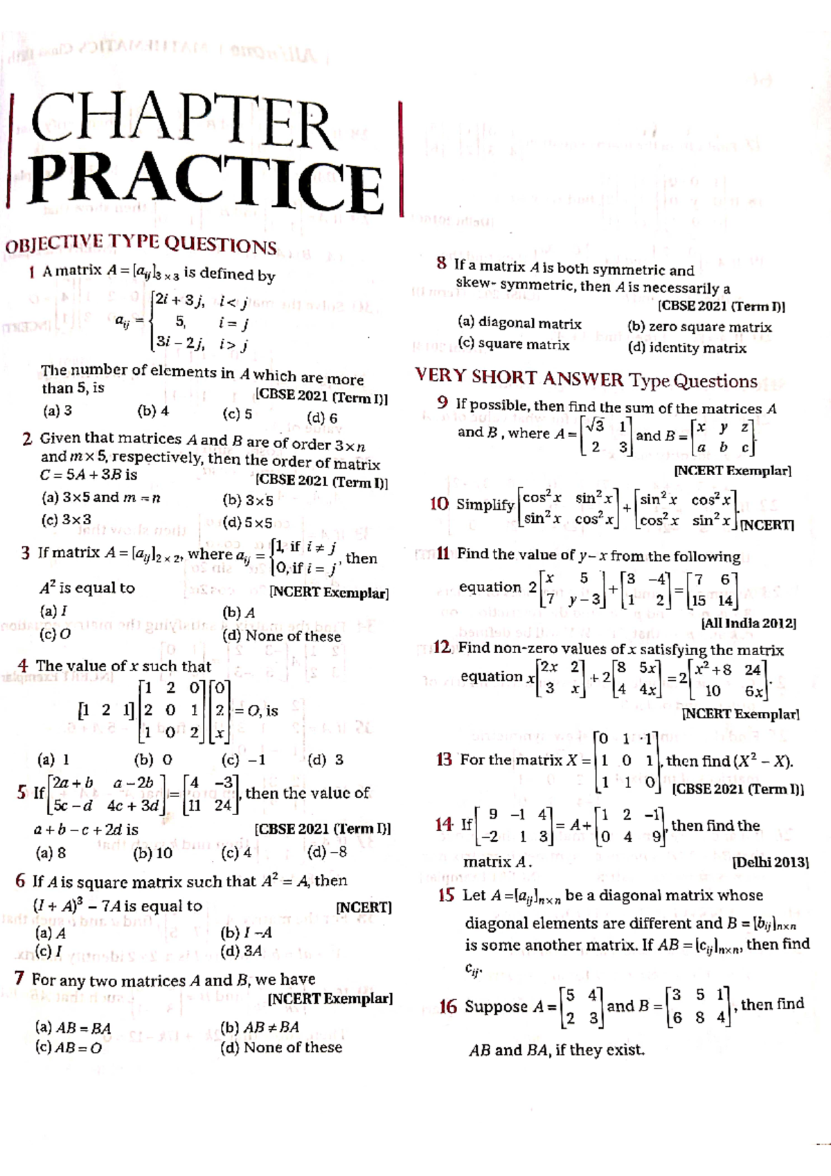 Class XII Maths Assignment - CHAPTER PRACTICE OBJECTIVE TYPE QUESTIONS ...