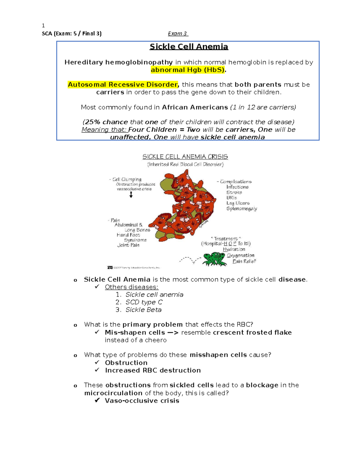 Sickle cell anemia - SCA (Exam: 5 / Final 3) Exam 3 Sickle Cell Anemia ...