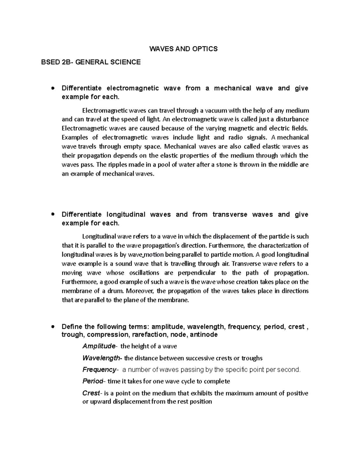 General Science - WAVES AND OPTICS BSED 2B- GENERAL SCIENCE ...
