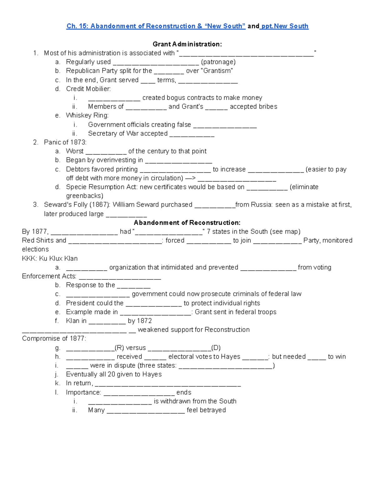 Ch 15 Abandonment of Reconstruction & New South (Norris ppt) - Ch. 15 ...