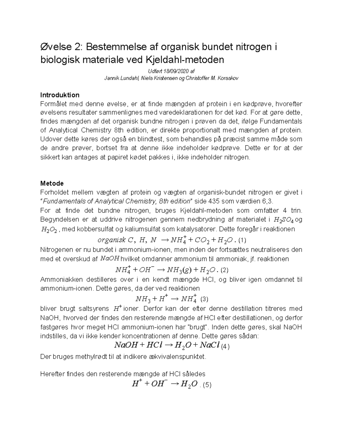 Øvelse 2: Bestemmelse af organisk bundet nitrogen i biologisk materiale ...